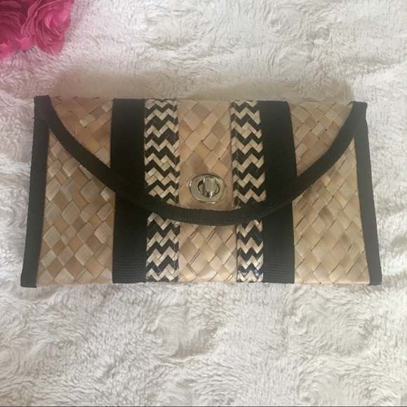 boutique | Bags | Woven Straw Rattan Black Ribbon Clutch | Poshmark